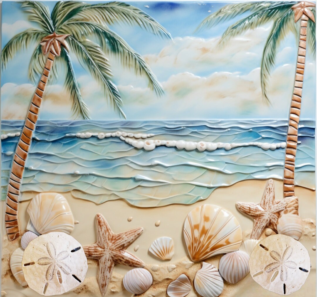 Palms and Seashells Ceramic Tile Backsplash, Beach Mosaic Mural - Etsy