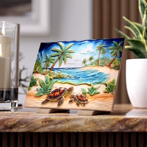 Sea Turtles Ceramic Tile or Mural, Turtles on the Beach Tile, Palm ...