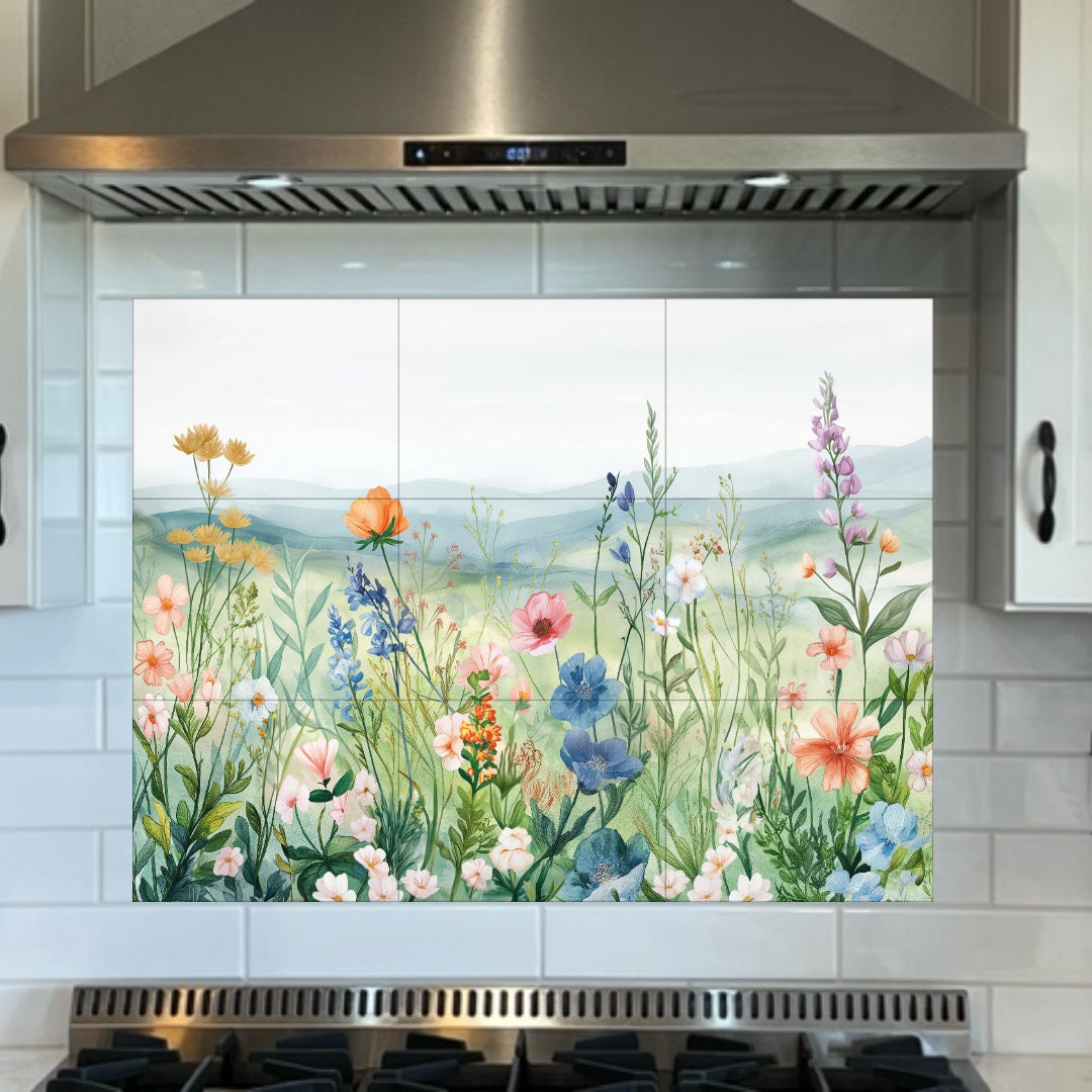 Meadow Landscape Ceramic Backsplash. Wildflowers in the Meadow Wall ...
