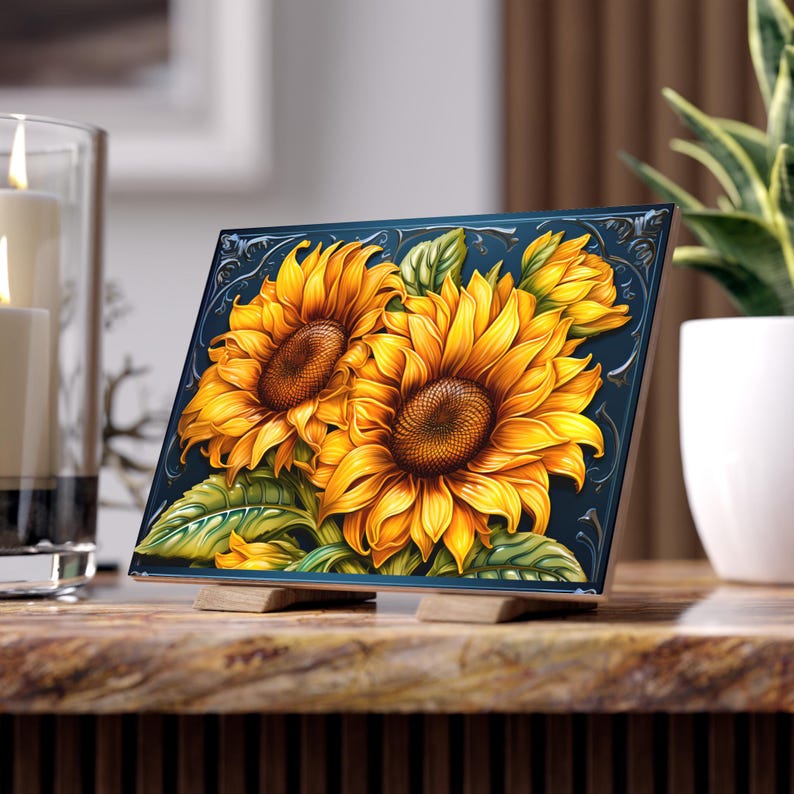 Two Sunflowers Ceramic Tile or Mural. Sunflower Kitchen Backsplash ...