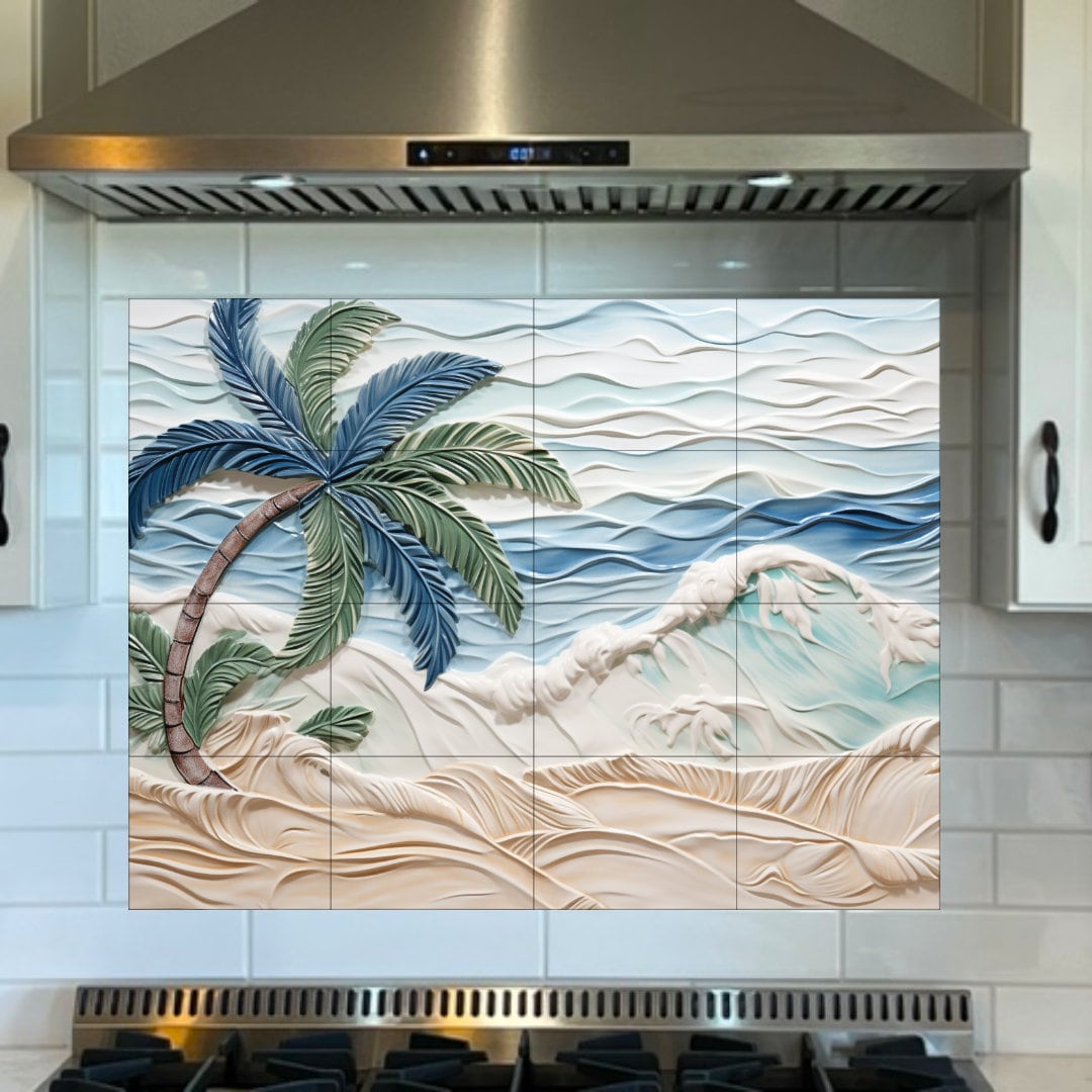 Palm Tree by the Ocean Ceramic Tile Backsplash. Beach Accent Tile ...