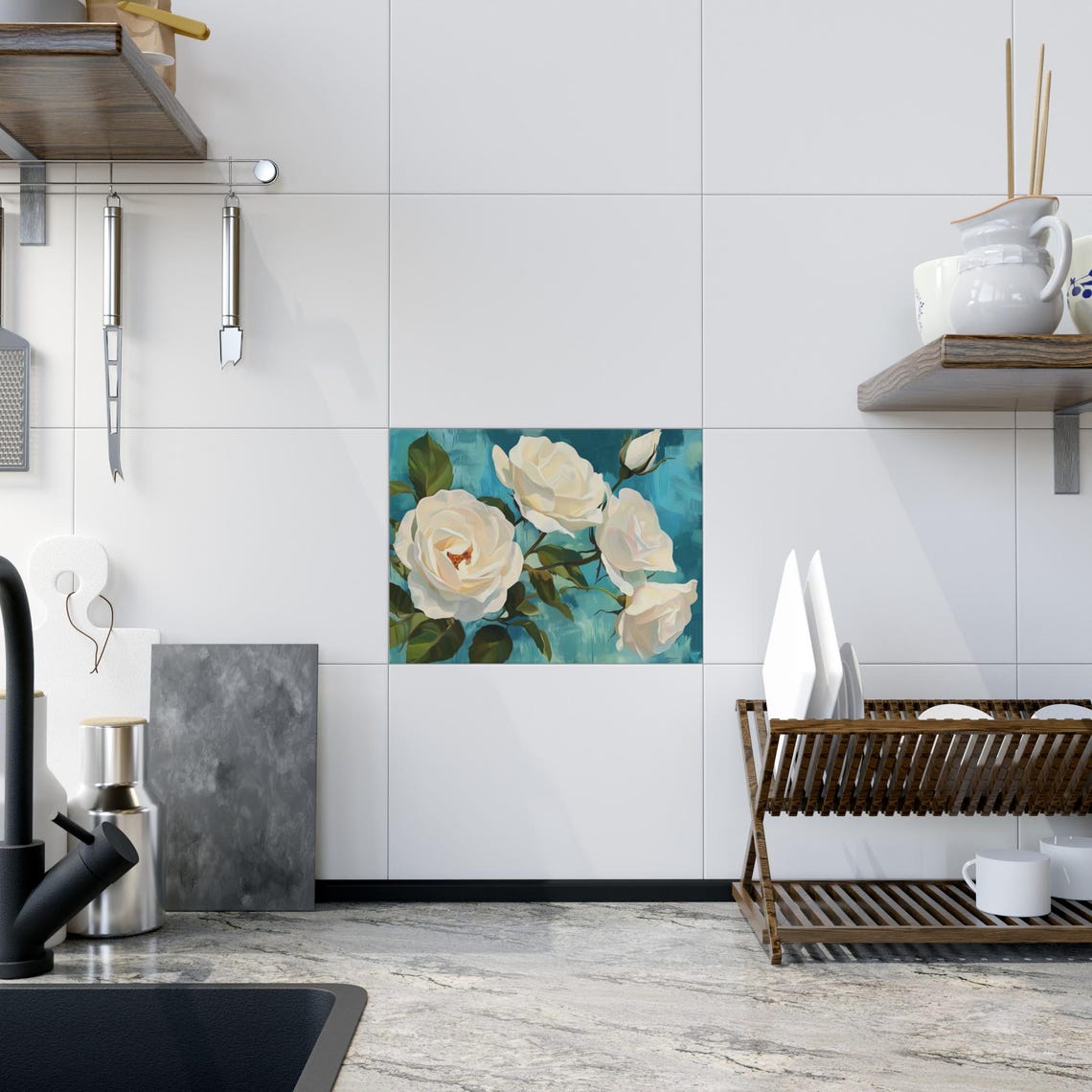 White Roses Ceramic Tiles or Murals. Floral Kitchen Backsplash, Modern ...