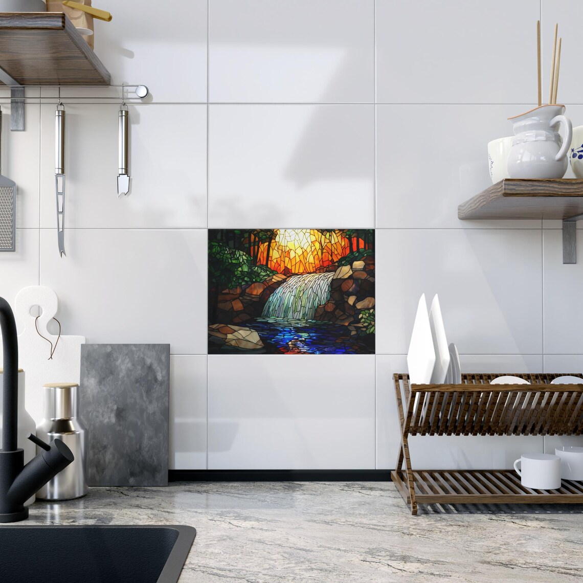 Sunset Over Waterfall Ceramic Tile or Mural, Stained Glass Landscape ...