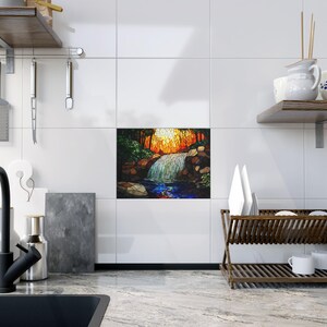 Sunset Over Waterfall Ceramic Tile or Mural, Stained Glass Landscape ...