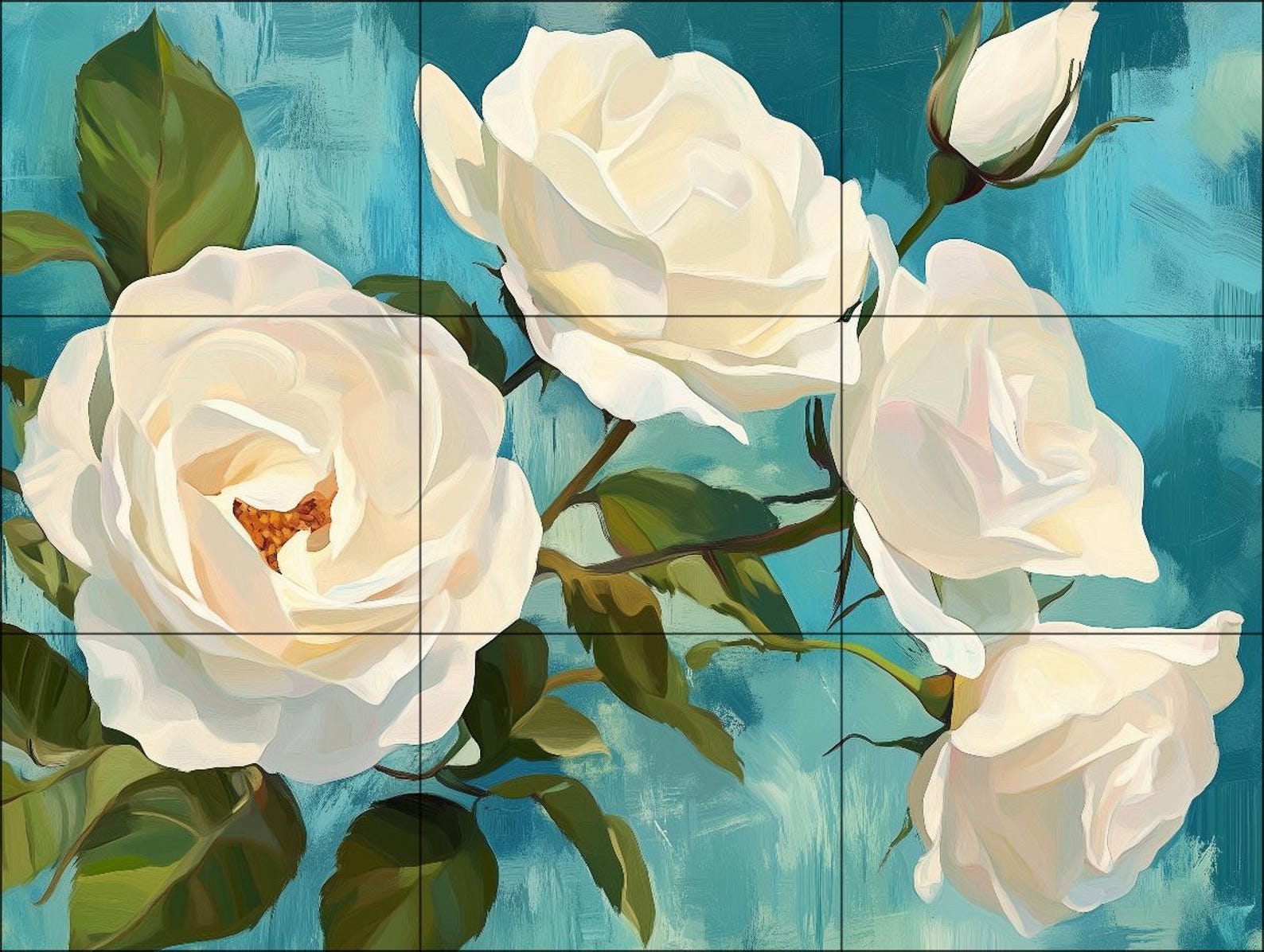 White Roses Ceramic Tiles or Murals. Floral Kitchen Backsplash, Modern ...