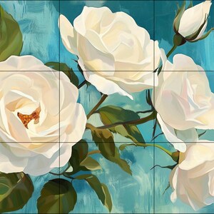 White Roses Ceramic Tiles or Murals. Floral Kitchen Backsplash, Modern ...