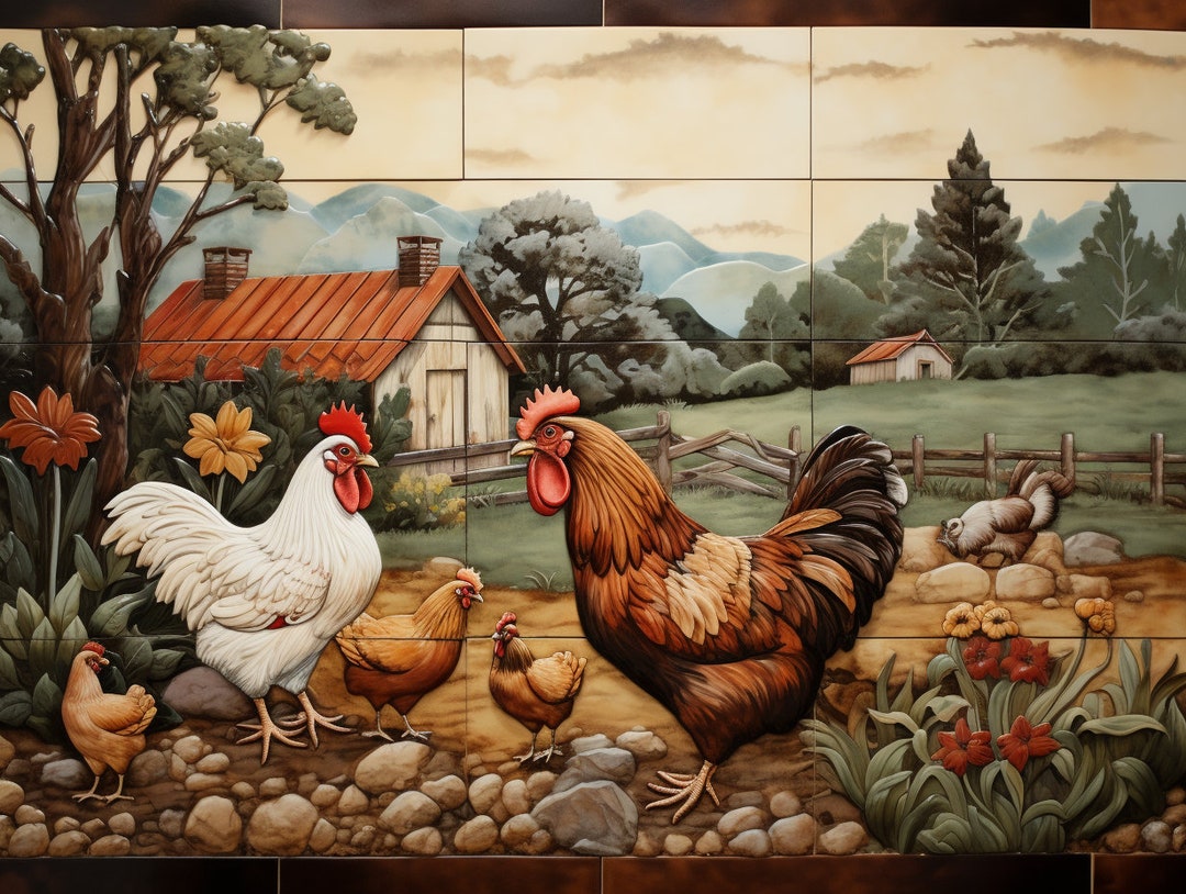 Barnyard Chickens Wall Mural 24 by 18 9 Ceramic Tiles, Country Morning ...