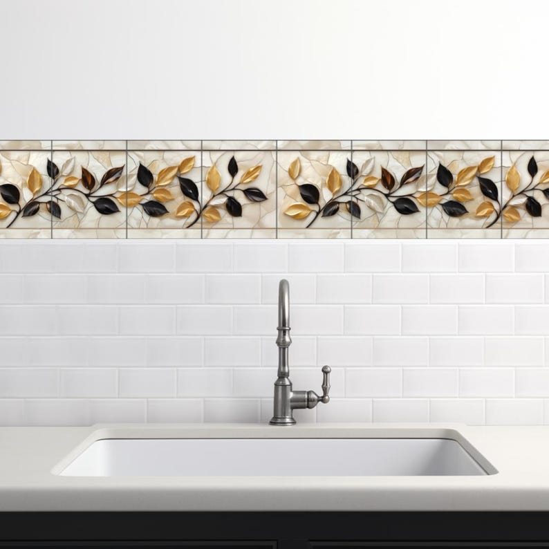 Golden Leaves Ceramic Mural. Leaf Kitchen Backsplash. Nature Inspired ...