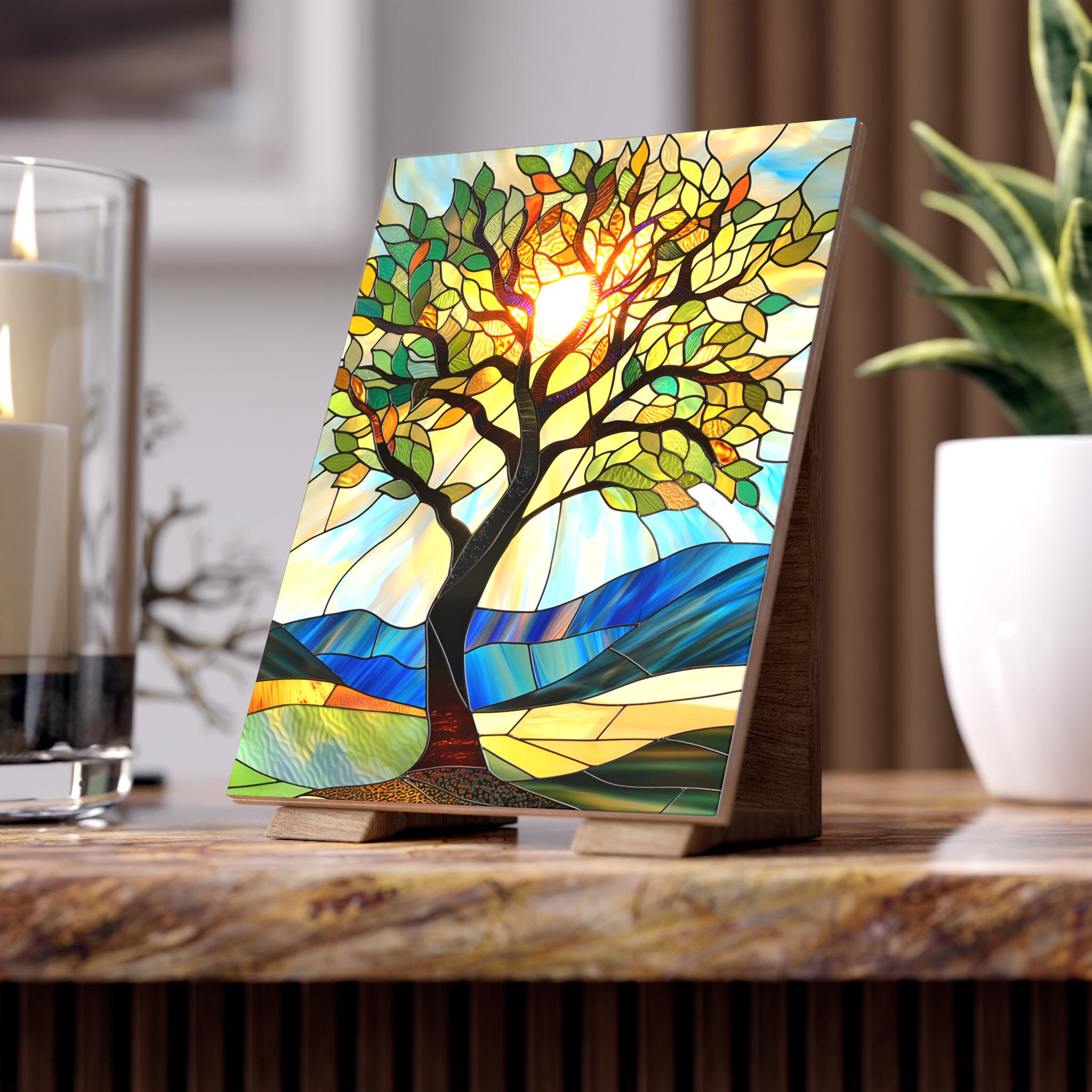 Sun Behind Tree Ceramic Tile Mural: Shower Wall Mosaic - Etsy