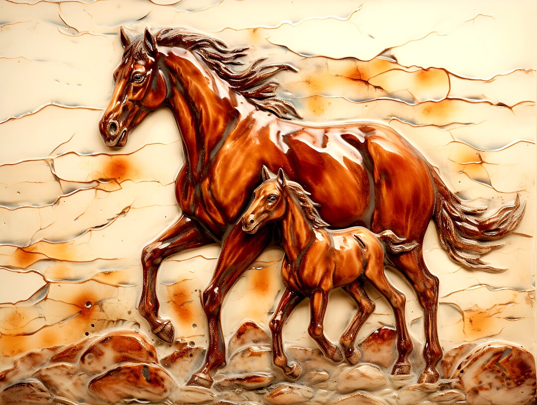 Horses Ceramic Accent Tile, Mother Horse and Her Foal Tile, Decorative ...