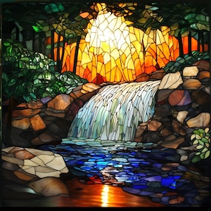 Sunset Over Waterfall Ceramic Tile or Mural, Stained Glass Landscape ...