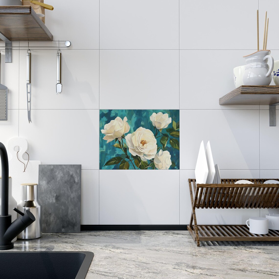 White Roses Ceramic Tiles or Murals. Floral Kitchen Backsplash, Modern ...