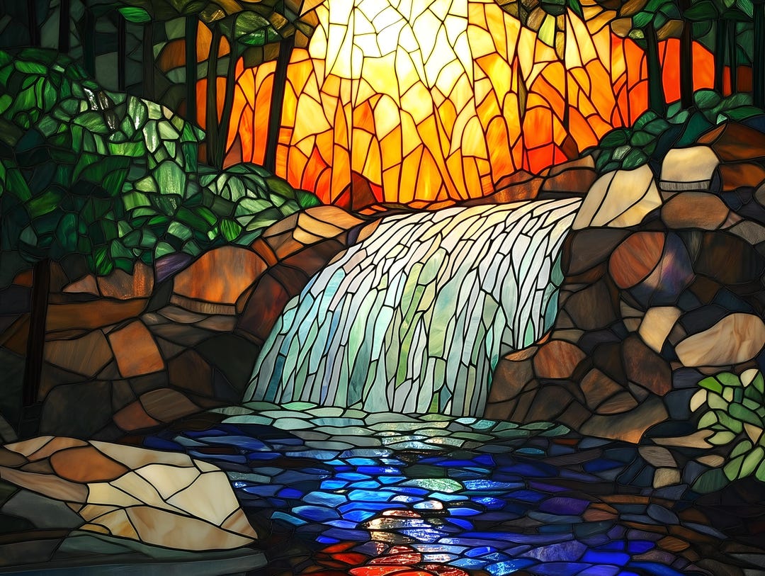 Sunset Over Waterfall Ceramic Tile or Mural, Stained Glass Landscape ...