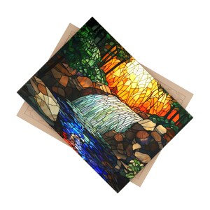 Sunset Over Waterfall Ceramic Tile or Mural, Stained Glass Landscape ...