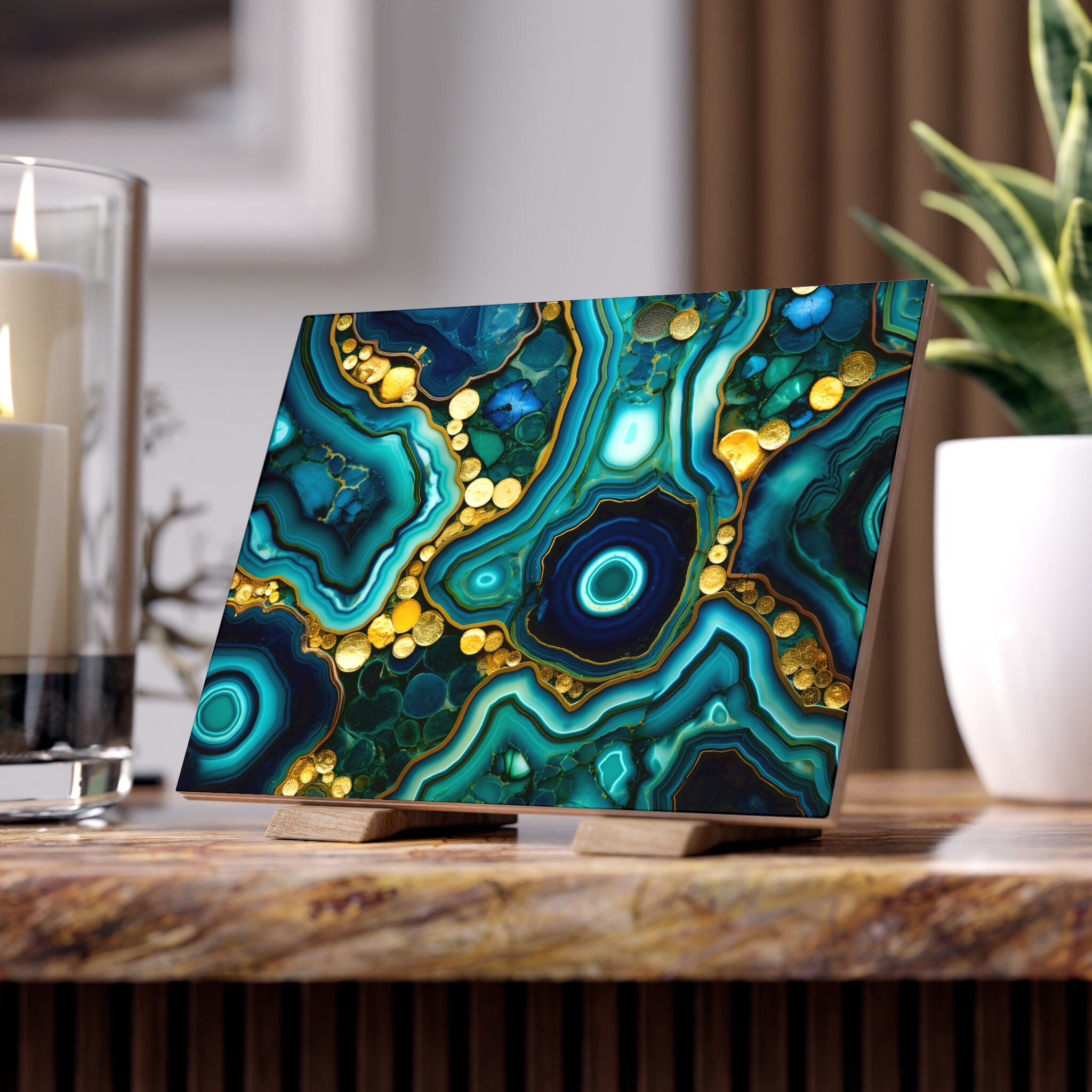 Geode Tiles, Set of 4. Green and Gold Geode Ceramic Tiles - Etsy