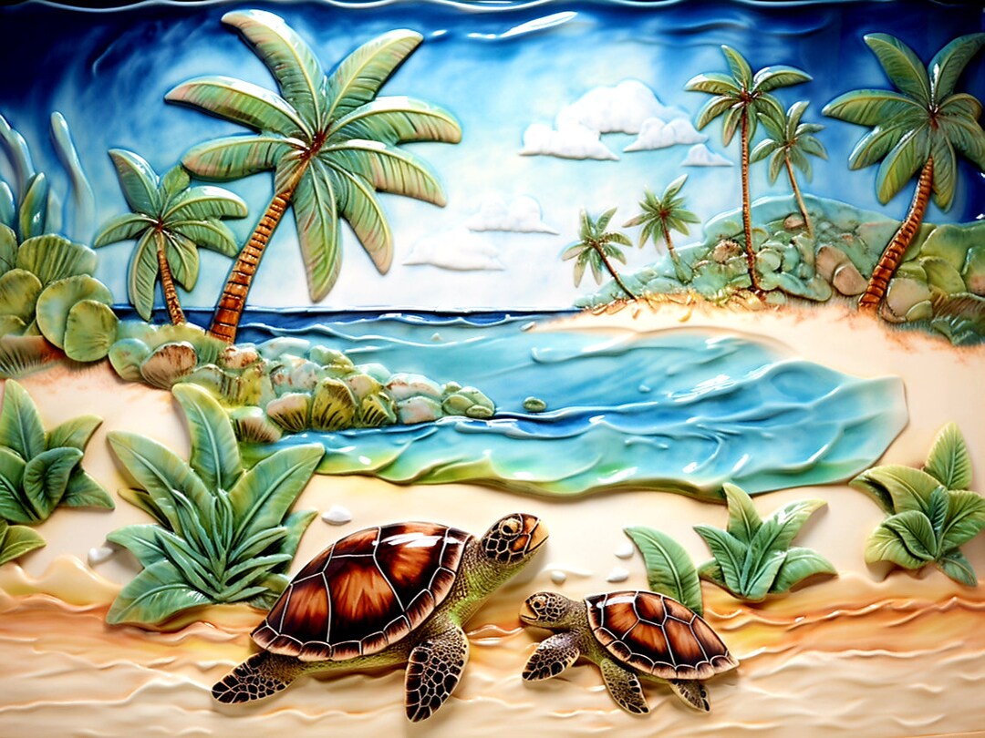 Sea Turtles Ceramic Tile or Mural, Turtles on the Beach Tile, Palm ...