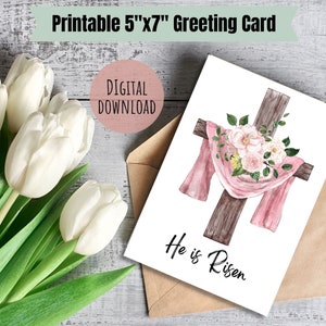 Religious Easter Card Printable Floral Cross He is Risen Greeting Card ...
