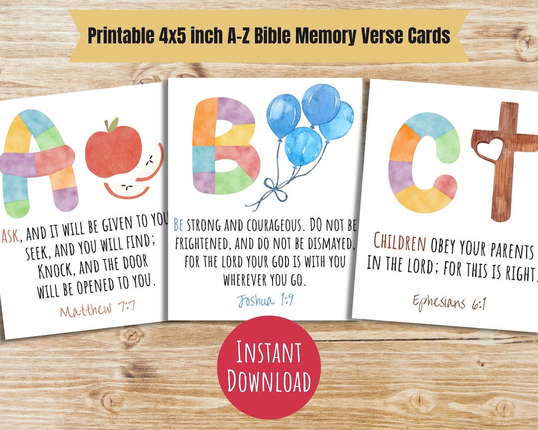 Alphabet Bible Verse Cards Printable A-Z Bible Verse Memory Cards for Kids Scripture Cards ...