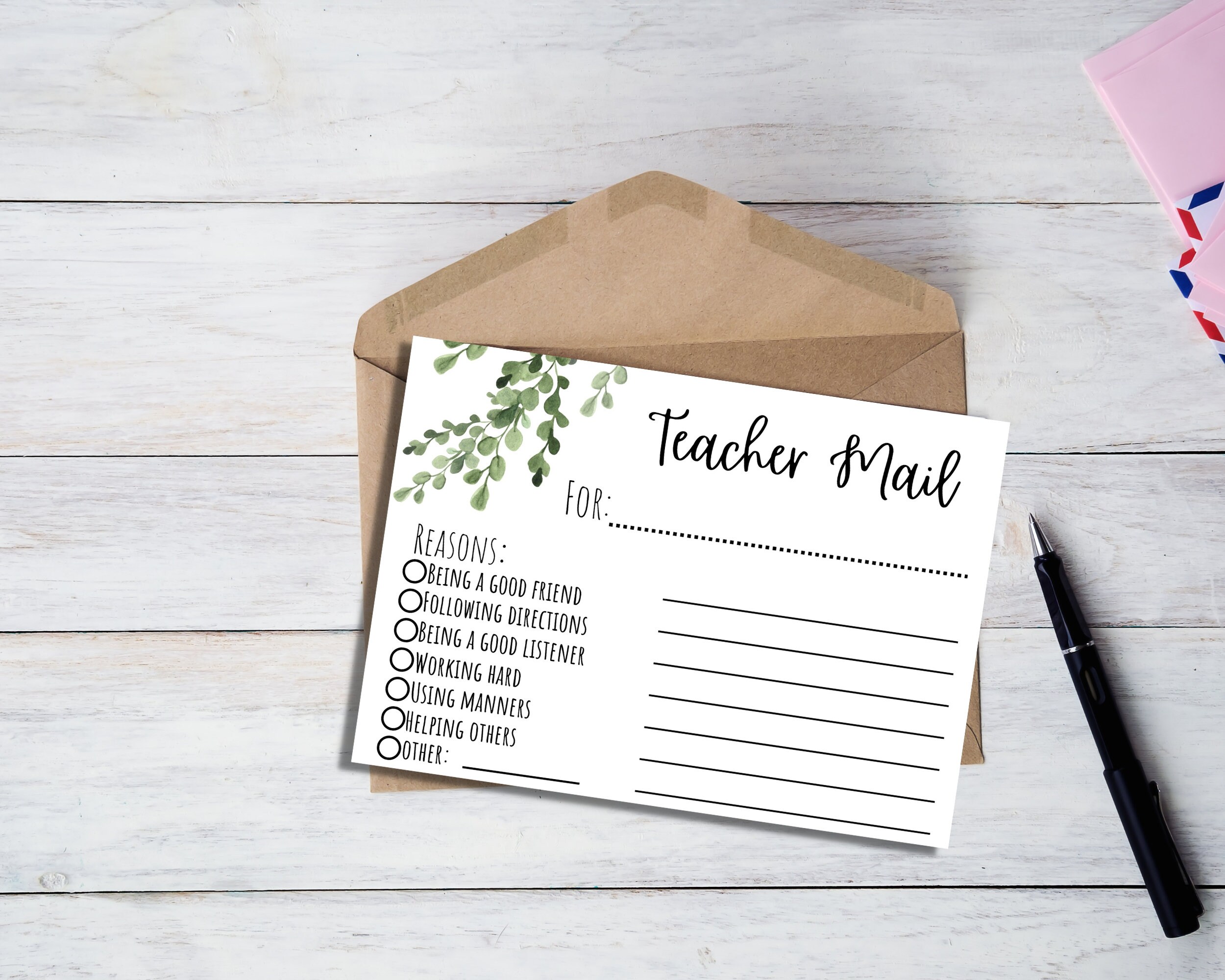 Printable Teacher Mail Card Minimalist Greenery Teacher Note for Good ...