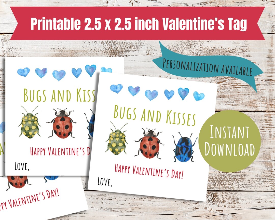 Bugs and Kisses Valentine's Day Card Printable Valentine Treat Tag Boy ...
