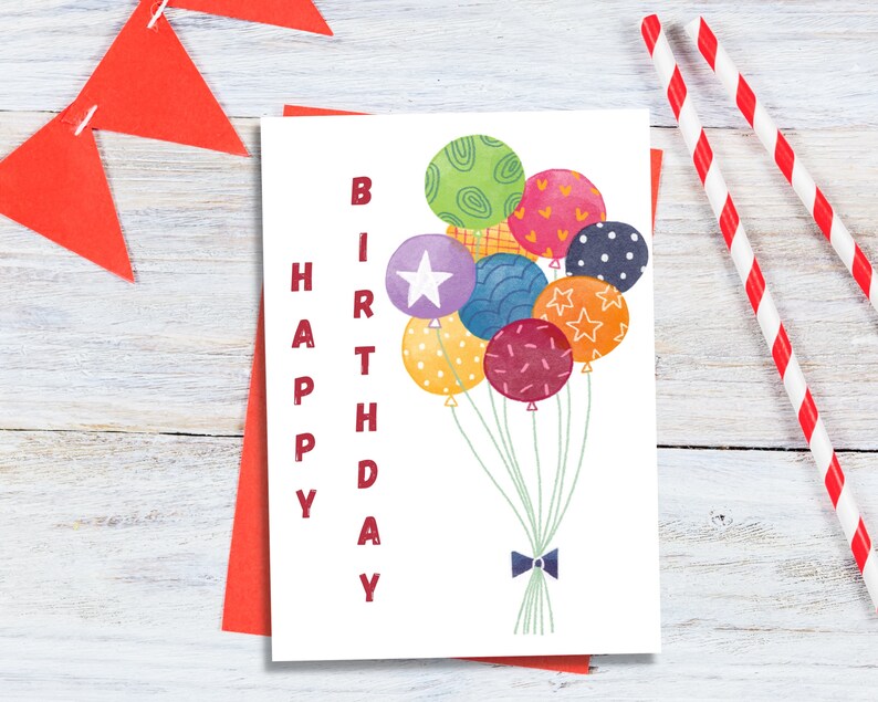 Balloon Birthday Card Printable Happy Birthday Greeting Card - Etsy