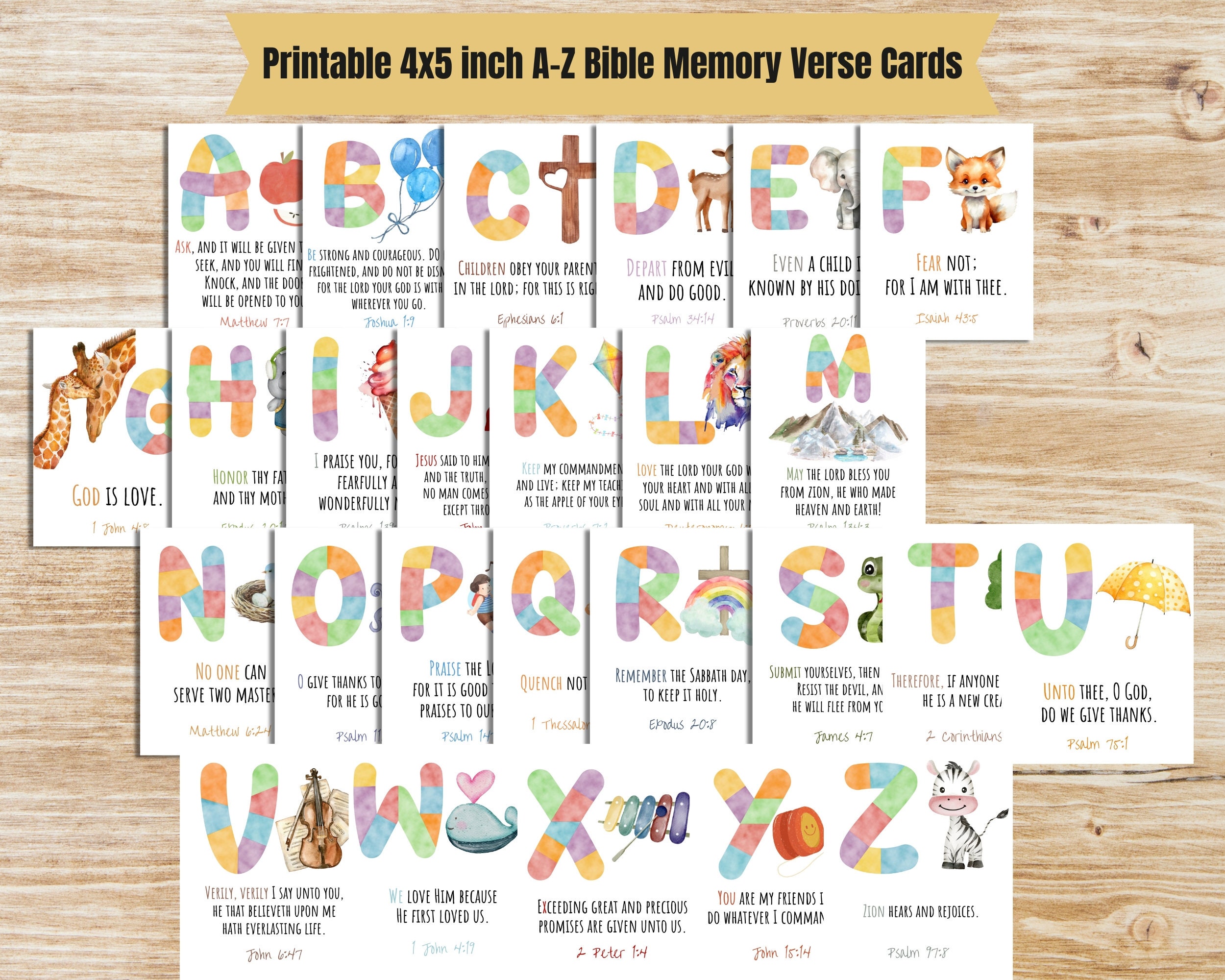 Alphabet Bible Verse Cards Printable A-Z Bible Verse Memory Cards for ...