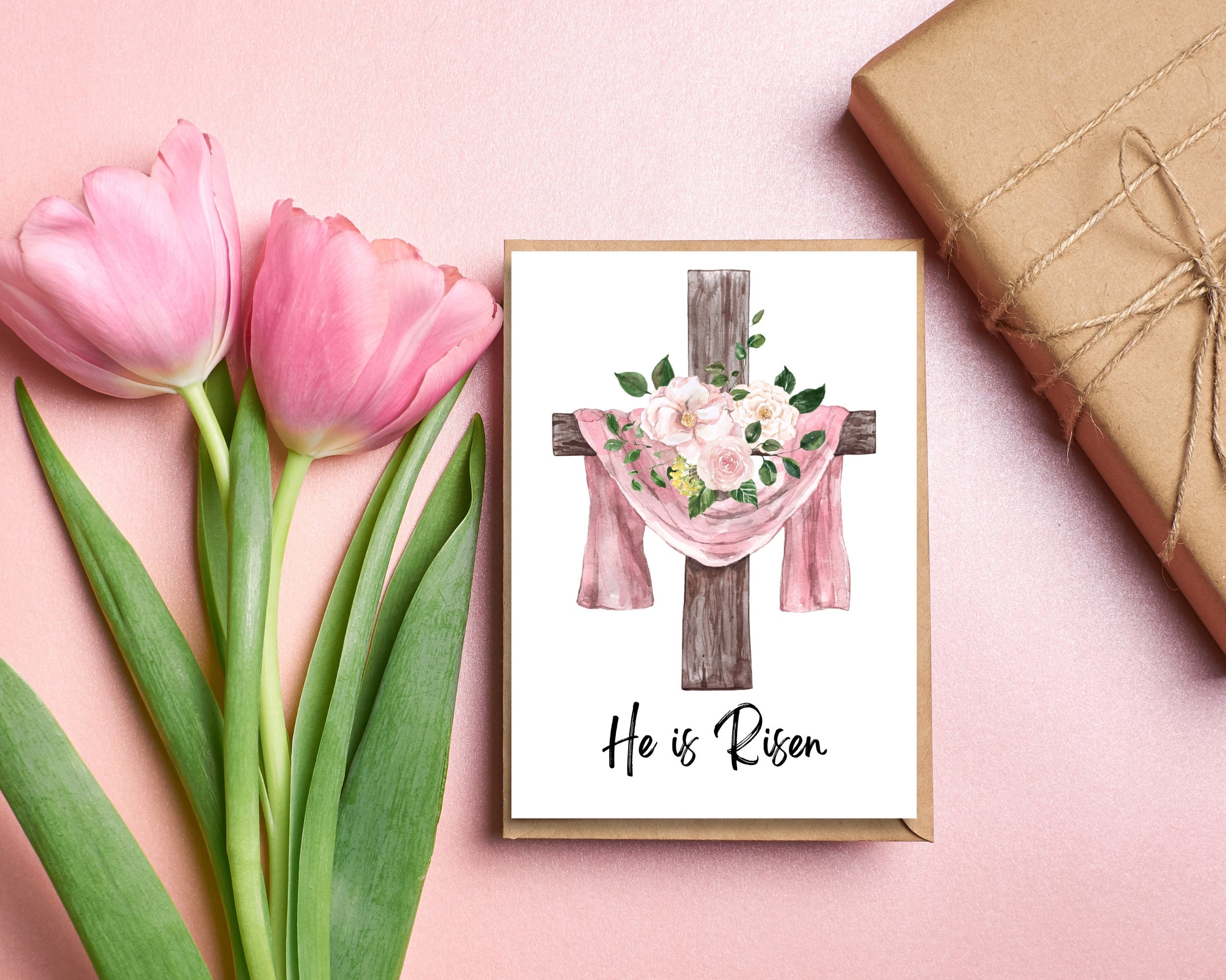 Religious Easter Card Printable Floral Cross He is Risen Greeting Card ...