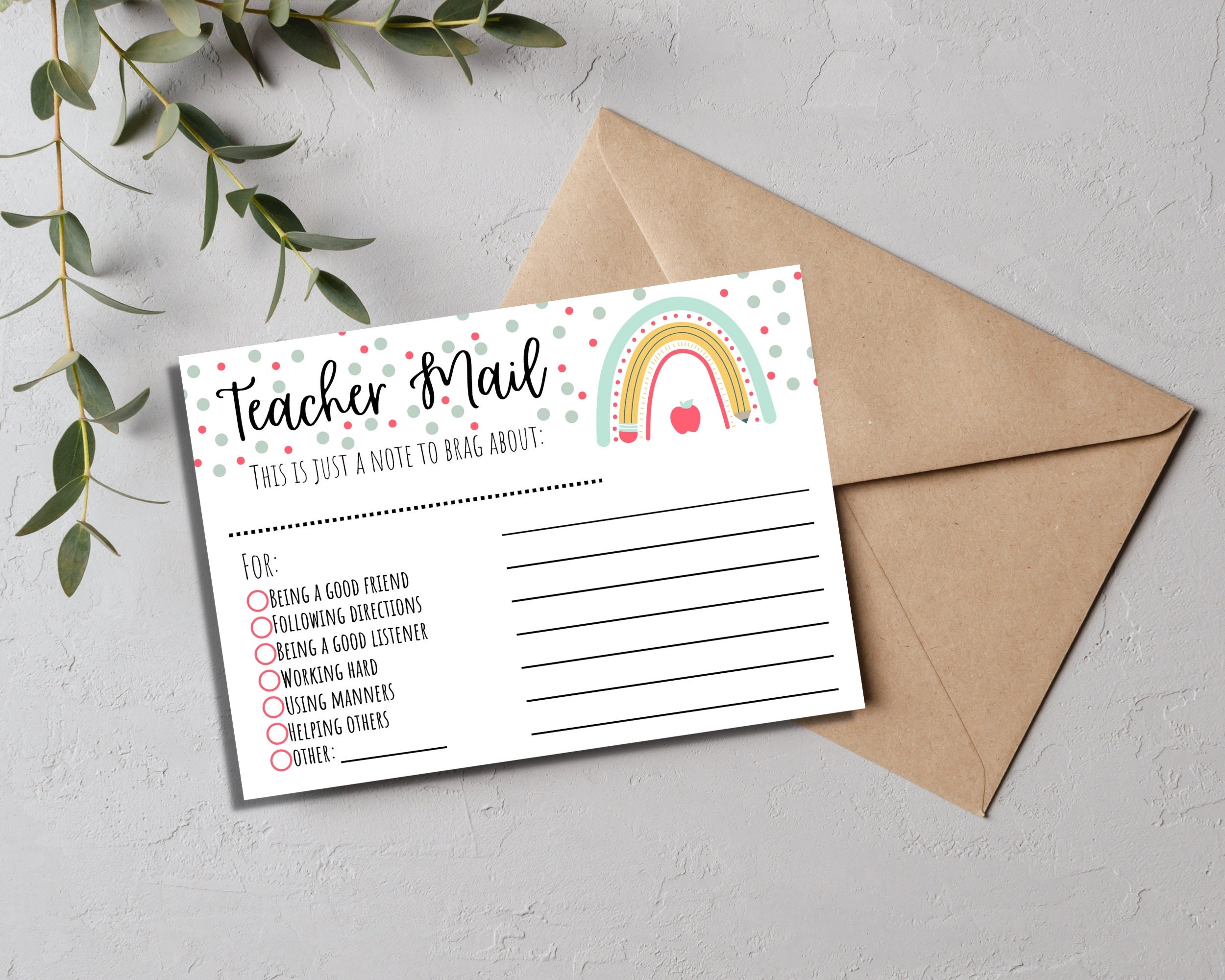 Boho Rainbow Teacher Mail Card Printable Brag Note Reward Note Home ...