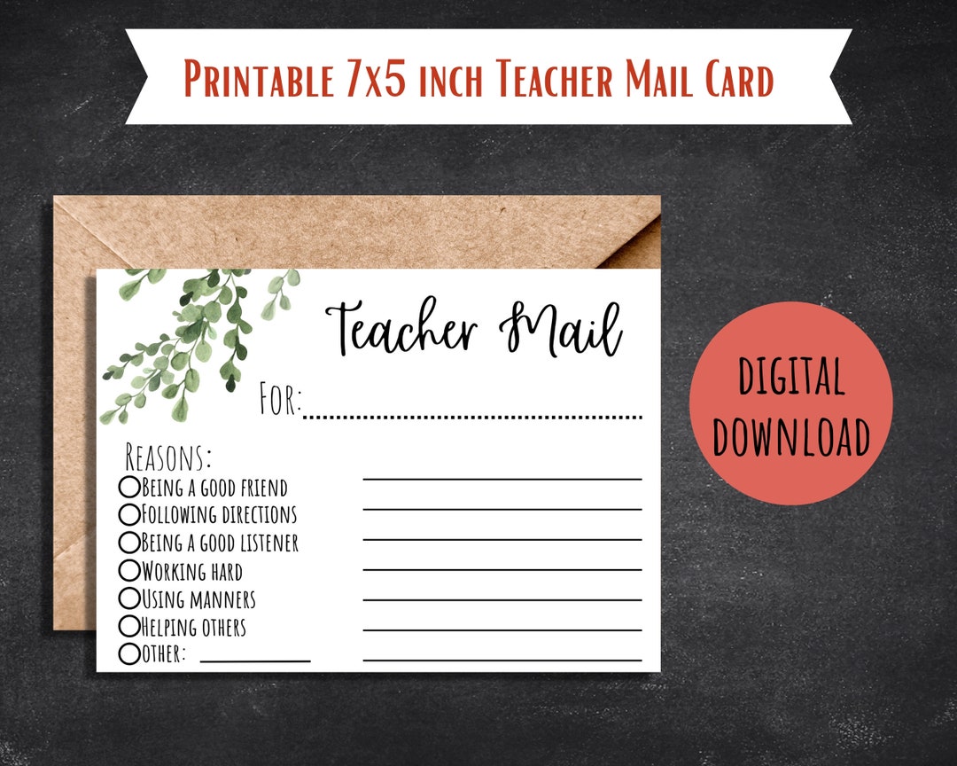 Printable Teacher Mail Card Minimalist Greenery Teacher Note for Good ...