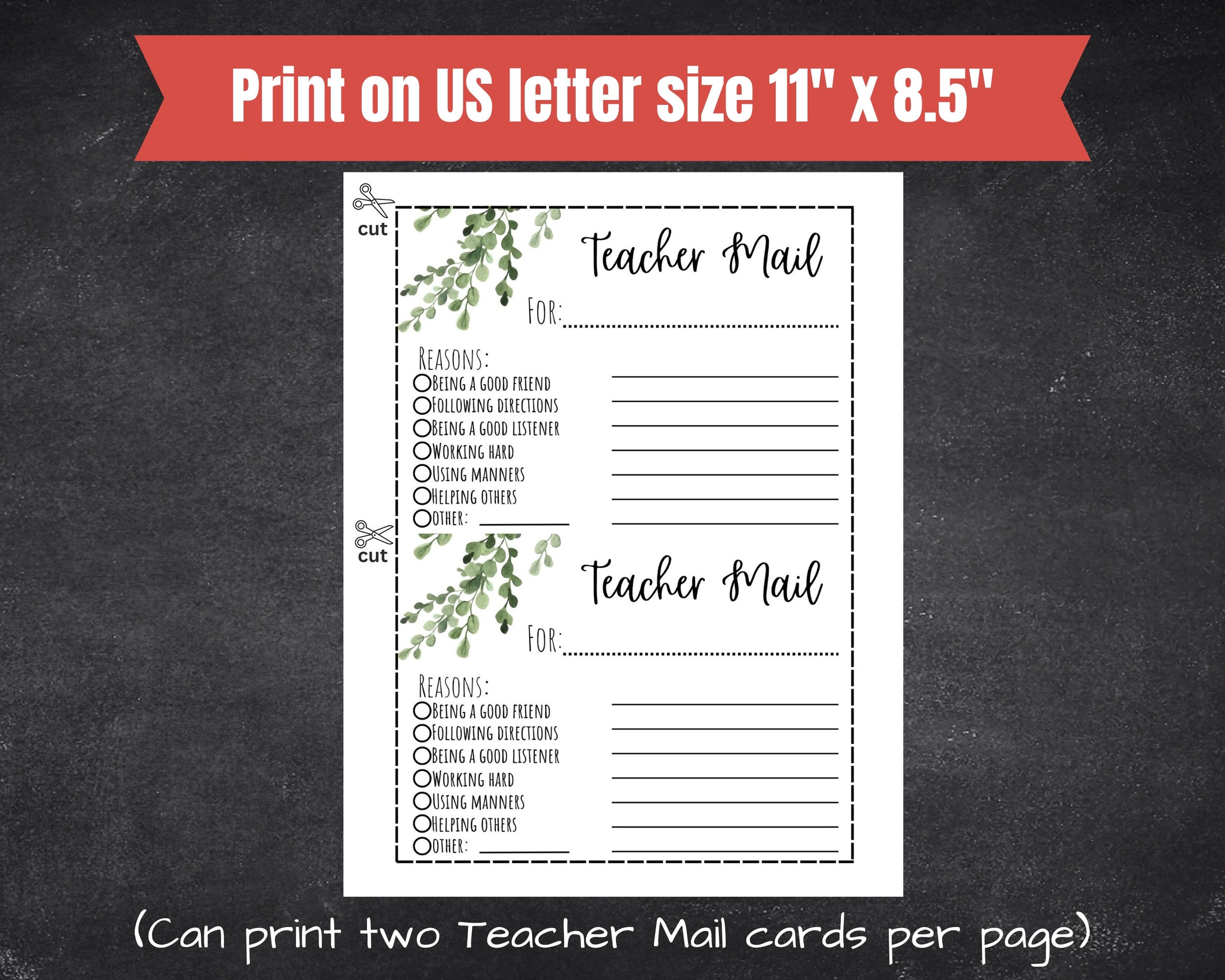 Printable Teacher Mail Card Minimalist Greenery Teacher Note for Good ...