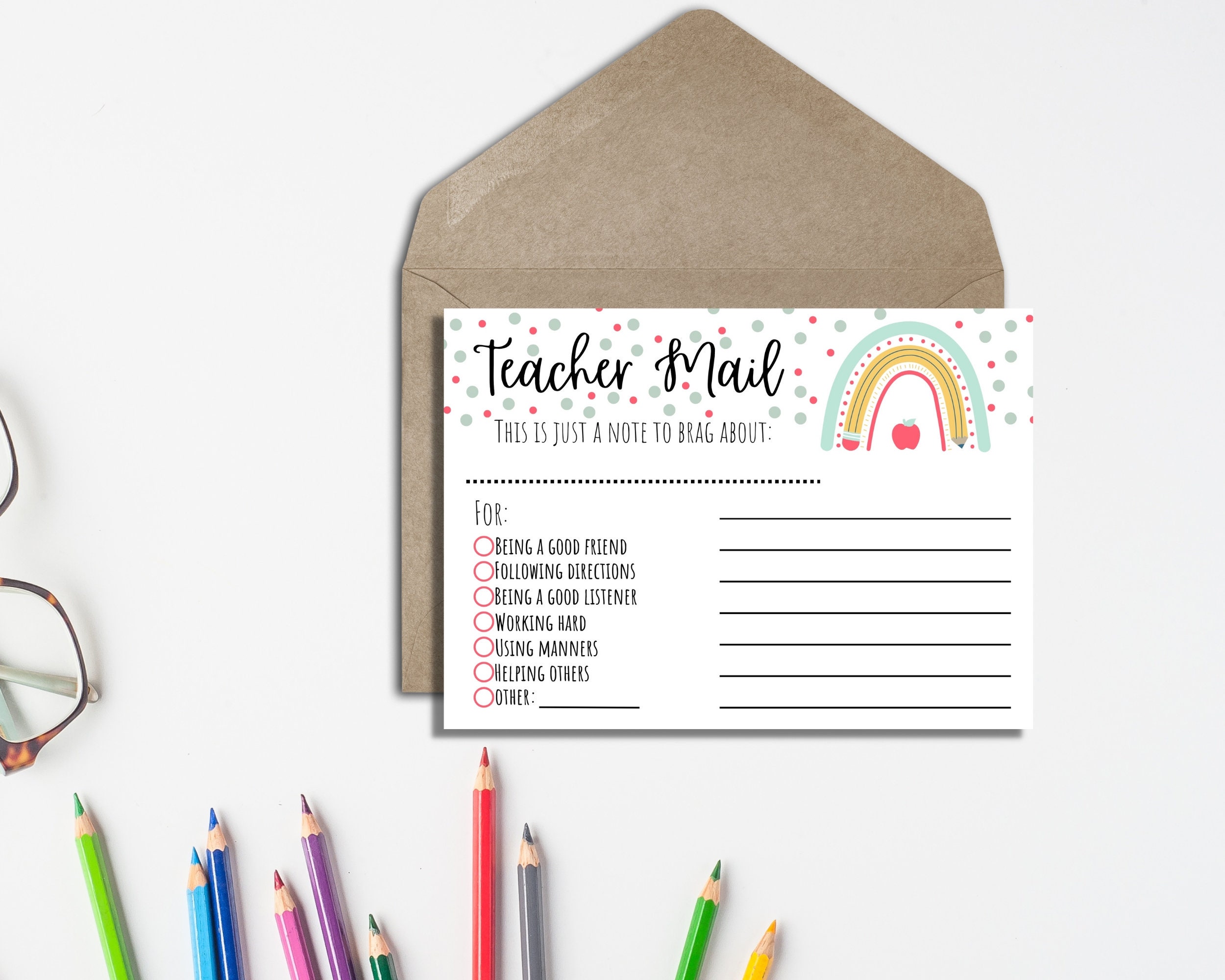 Boho Rainbow Teacher Mail Card Printable Brag Note Reward Note Home ...