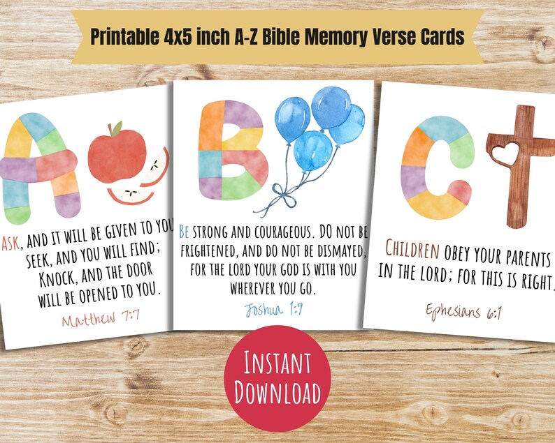 Alphabet Bible Verse Cards Printable A-Z Bible Verse Memory Cards for ...