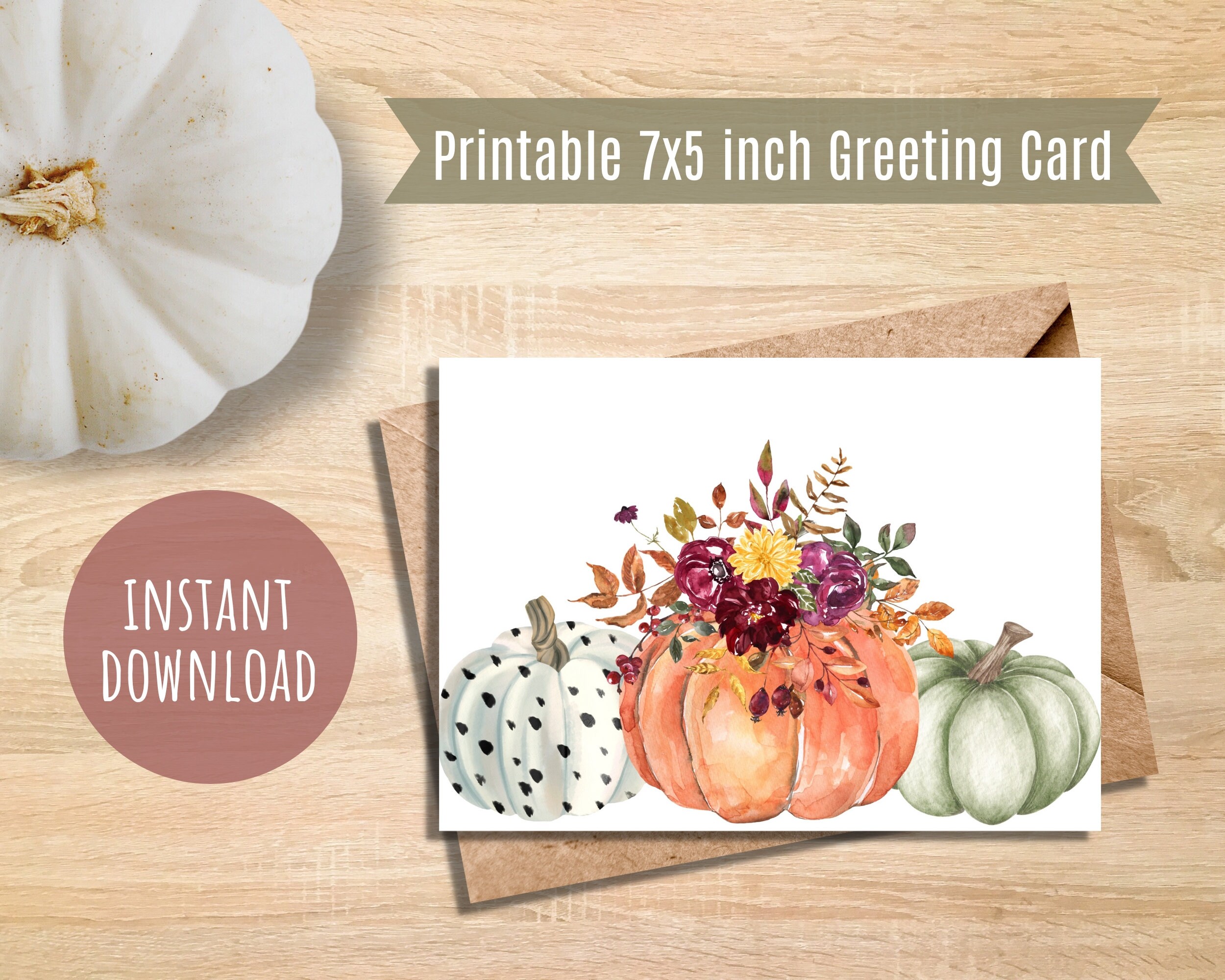 Pumpkin Card Printable Fall Card Floral Pumpkin Printable Card for Fall ...