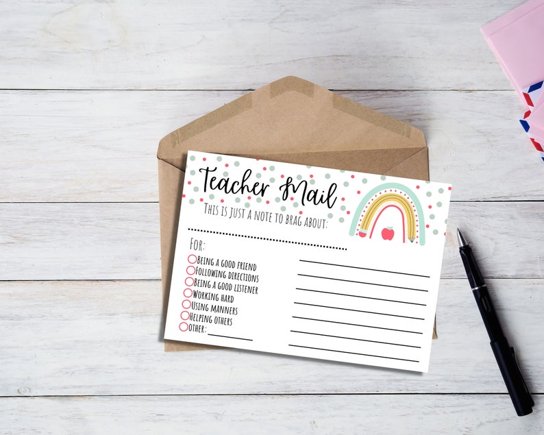 Boho Rainbow Teacher Mail Card Printable Brag Note Reward Note Home ...