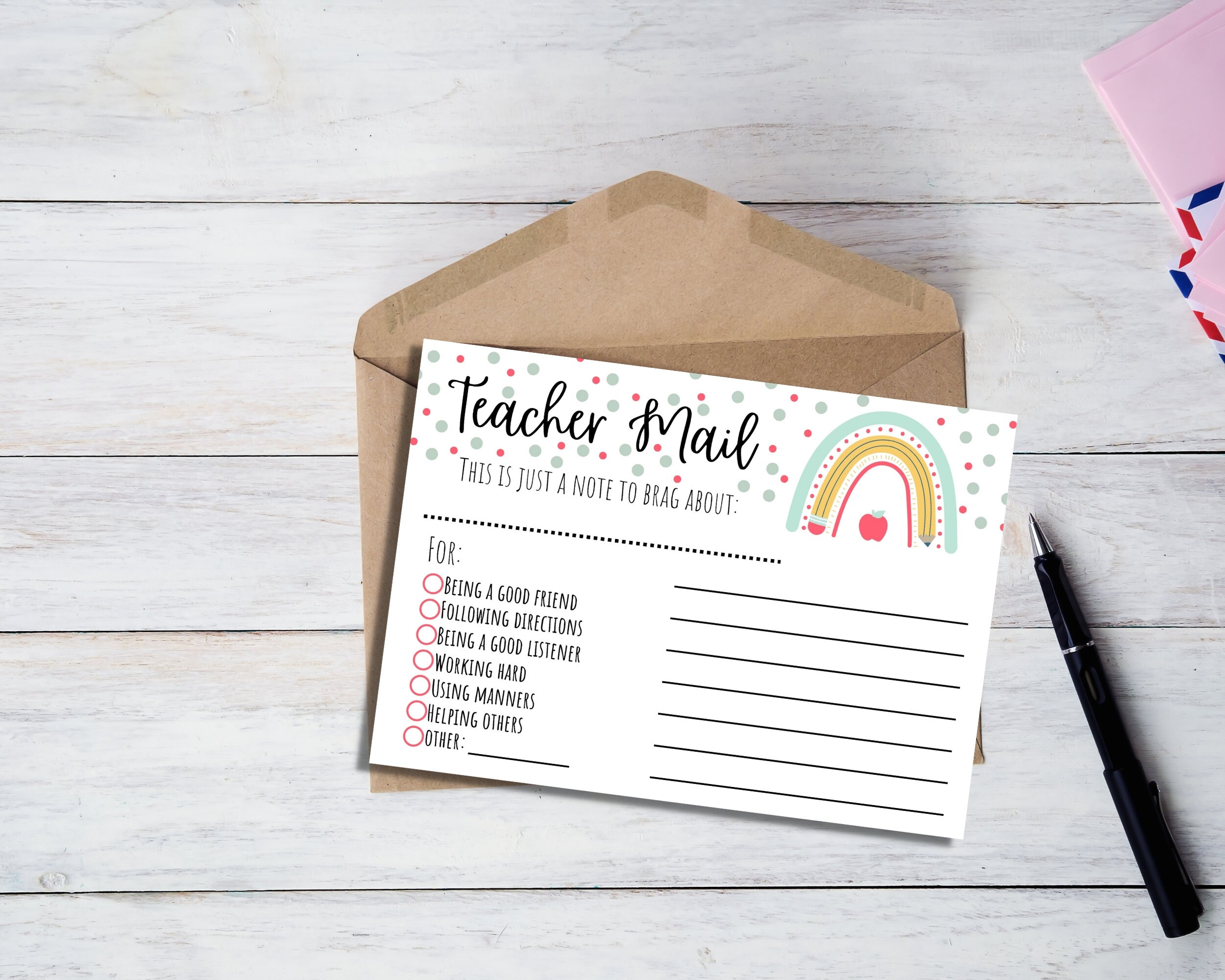 Boho Rainbow Teacher Mail Card Printable Brag Note Reward Note Home ...