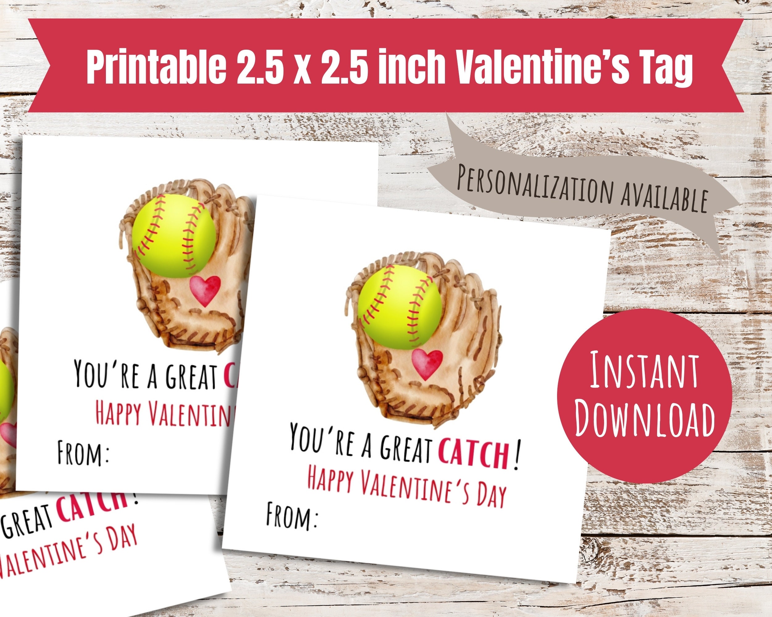Valentine Softball Tag Printable Sports Valentine's Day Card for Friend ...