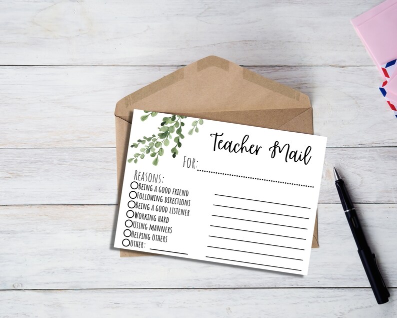 Printable Teacher Mail Card Minimalist Greenery Teacher Note for Good ...