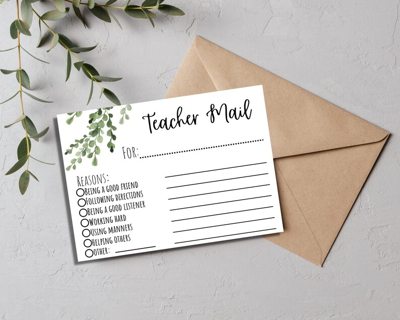 Printable Teacher Mail Card Minimalist Greenery Teacher Note for Good ...