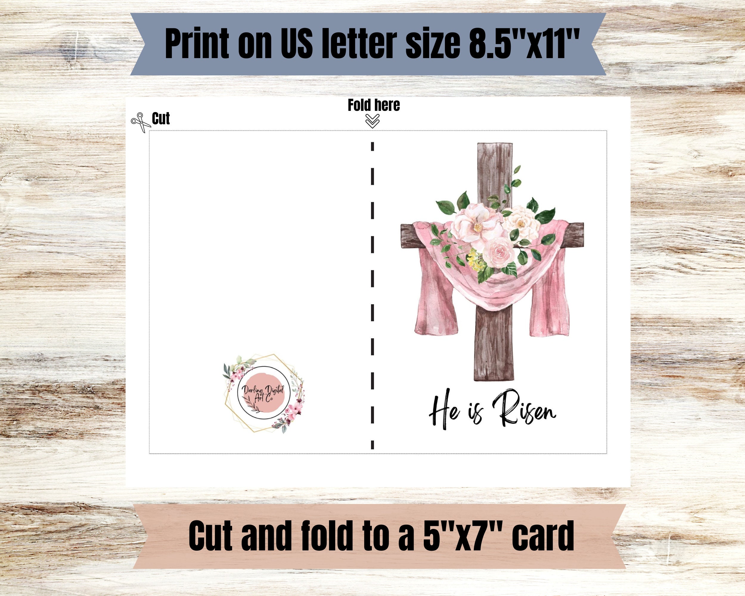 Religious Easter Card Printable Floral Cross He is Risen Greeting Card ...