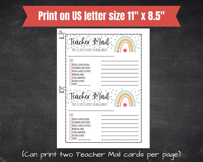 Boho Rainbow Teacher Mail Card Printable Brag Note Reward Note Home ...
