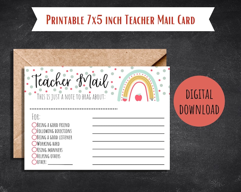 Boho Rainbow Teacher Mail Card Printable Brag Note Reward Note Home ...