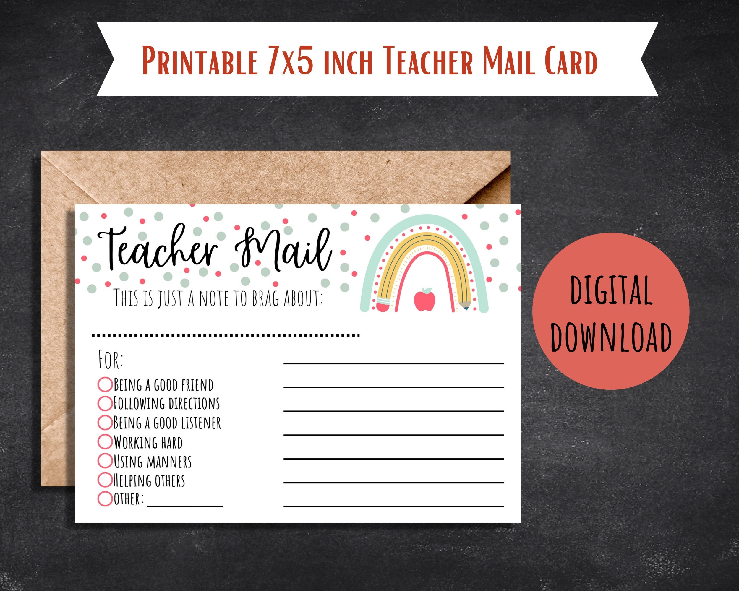 Boho Rainbow Teacher Mail Card Printable Brag Note Reward Note Home ...