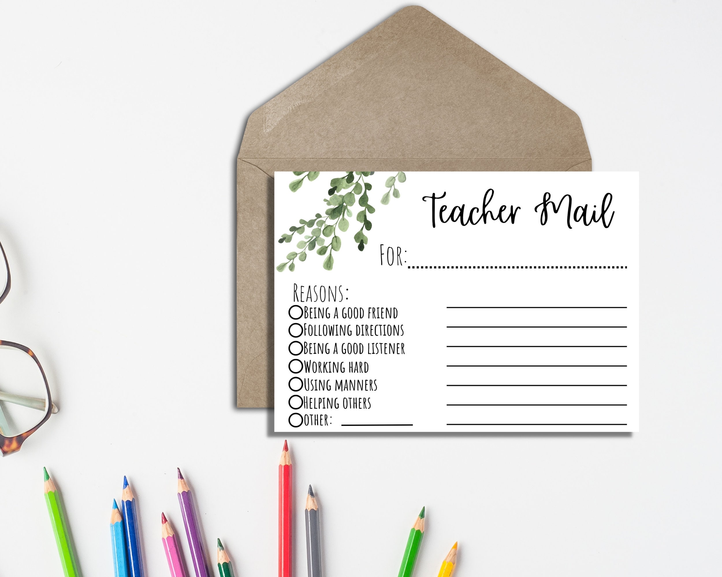 Printable Teacher Mail Card Minimalist Greenery Teacher Note for Good ...