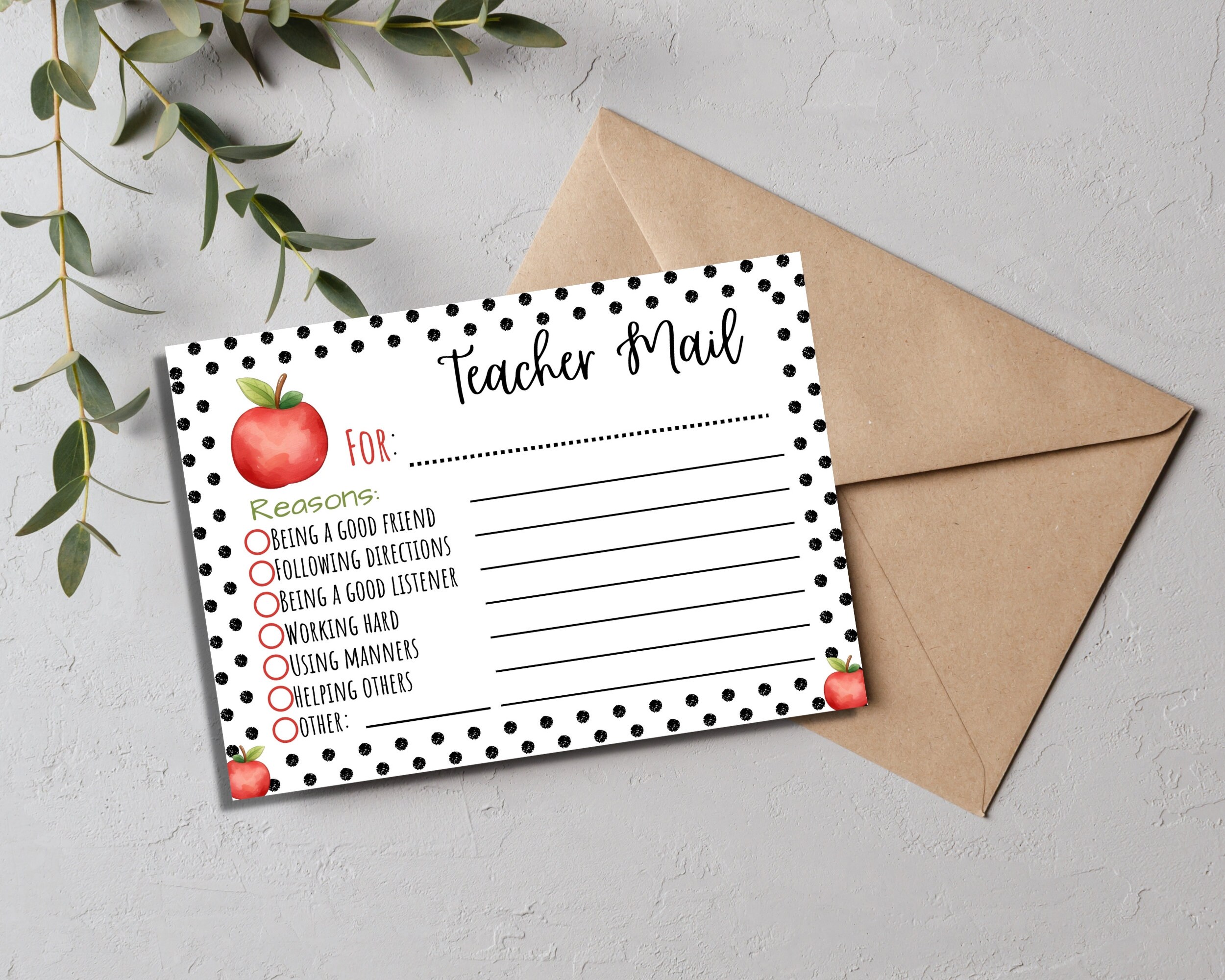 Printable Teacher Mail Polka Dot Apple Teacher Note Back to School ...