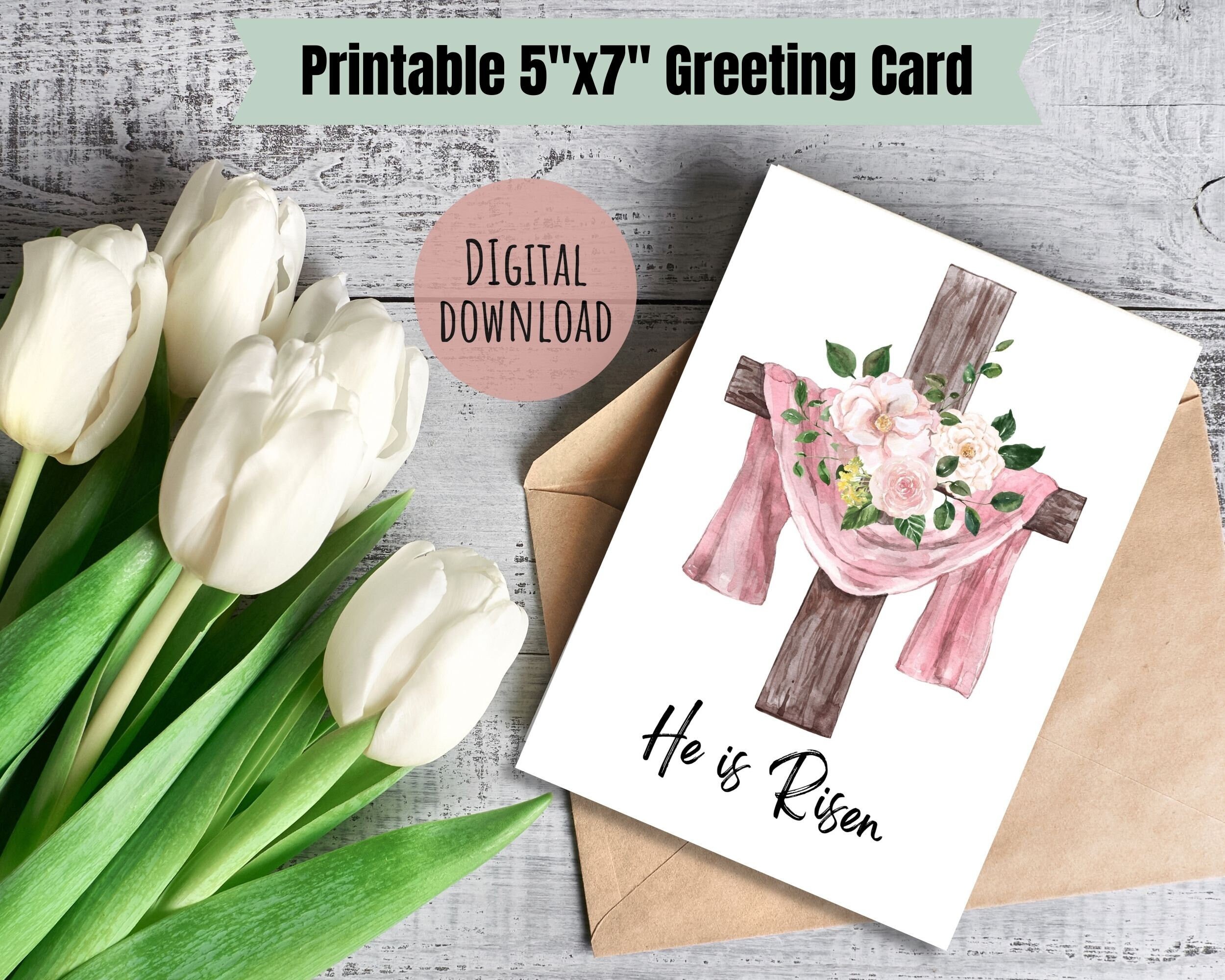 Religious Easter Card Printable Floral Cross He is Risen Greeting Card ...