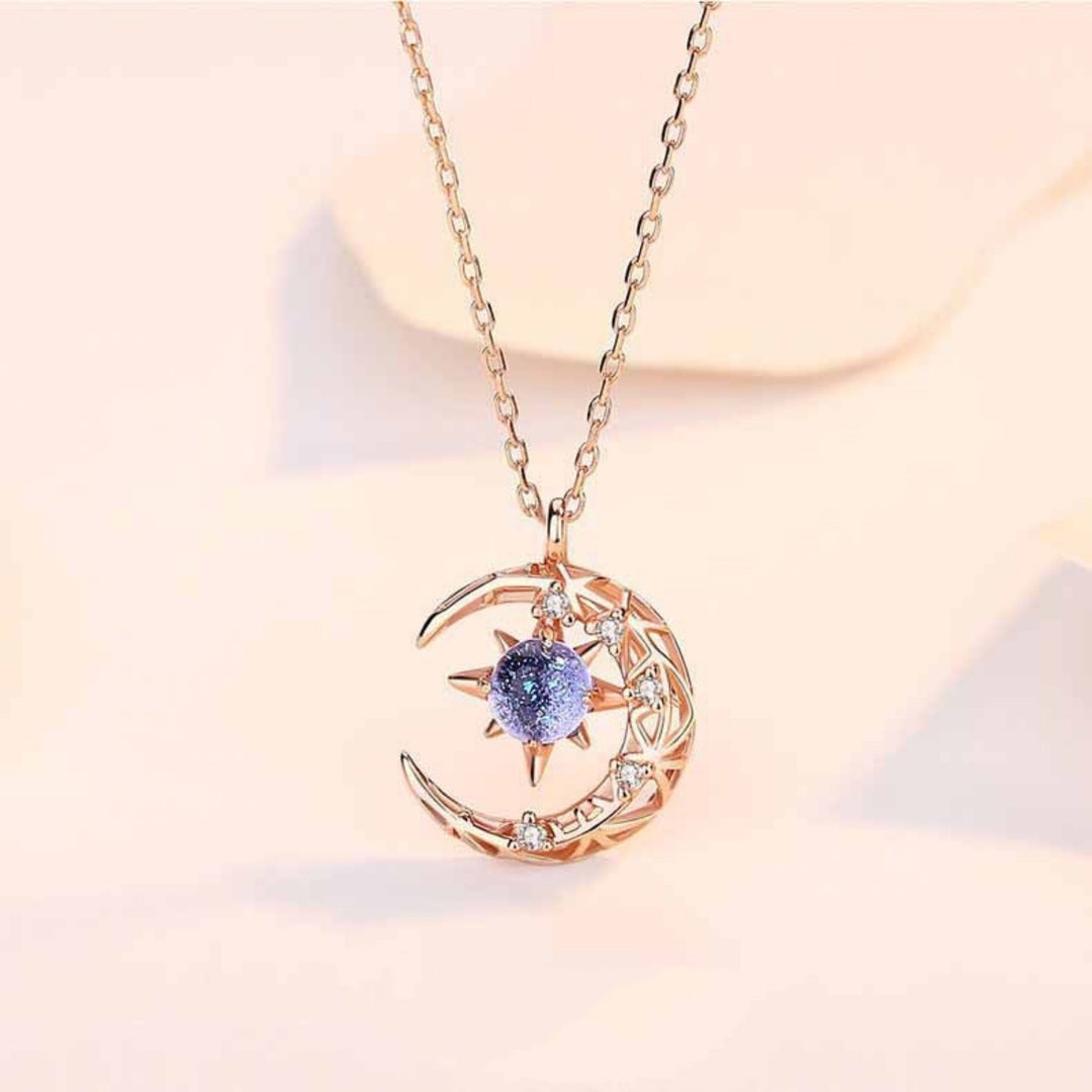 Moon Star Necklace Moon Star Pendant, Moonstone, Celestial Half Moon ...