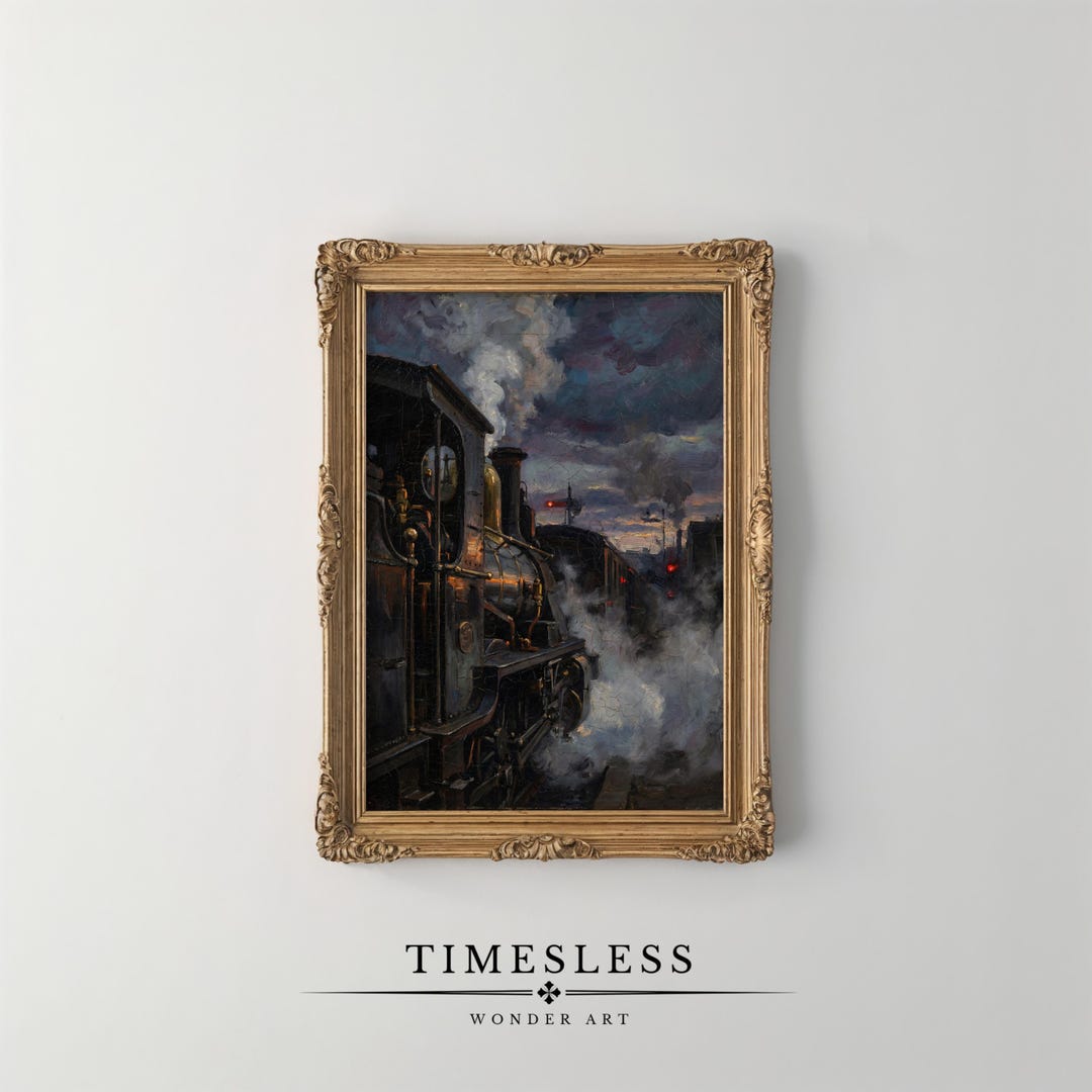 Vintage Steam Train Painting - Moody Dramatic Wall Art, Industrial ...