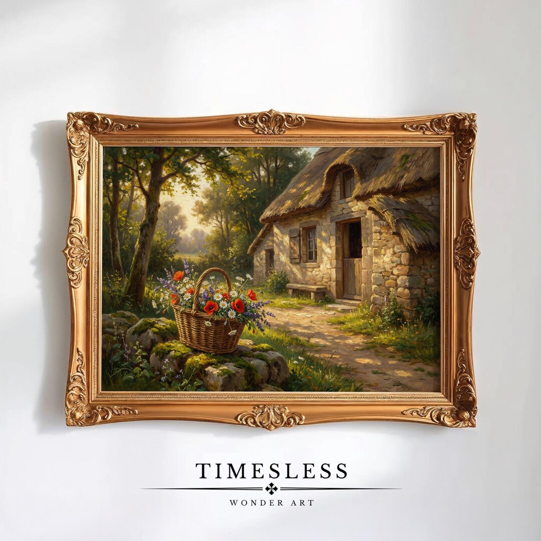 Rustic Stone Cottage Printable Art - Woodland Path and Wildflowers ...