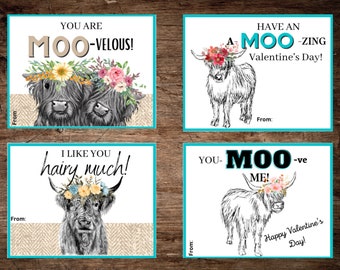 Highland Cow Valentine Cards, Kids Valentine Cards, Instant Digital ...
