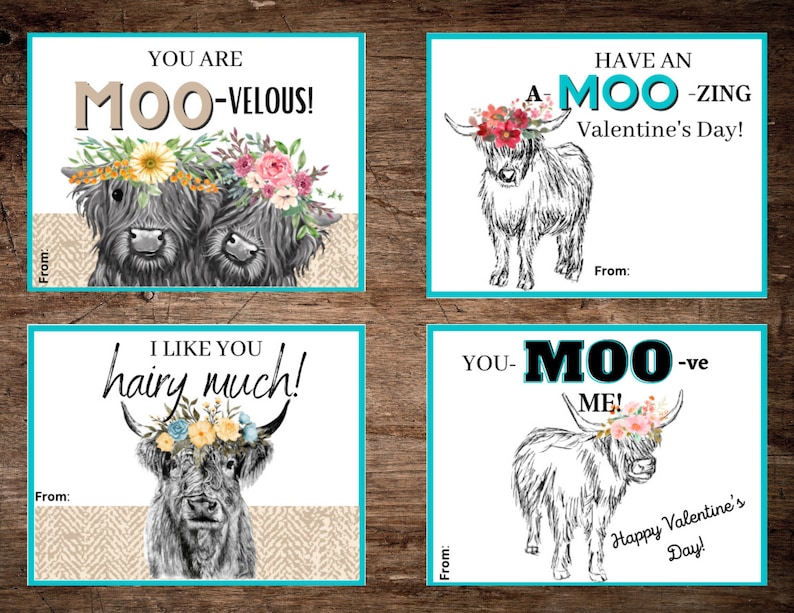 Highland Cow With Flowers Valentine Cards, Kids Valentine Cards ...